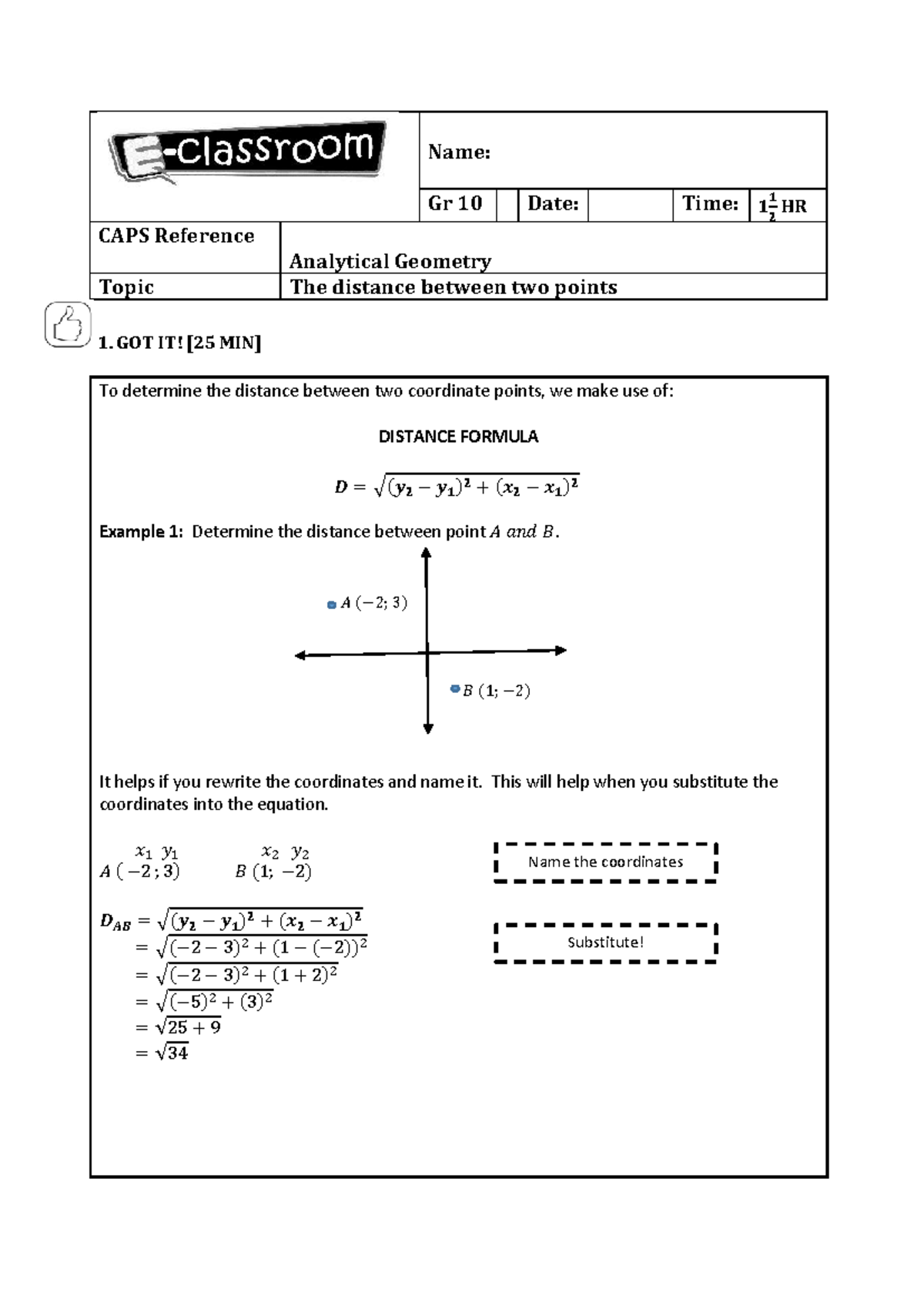 Gr 10 CAPS Analytical Geometry: Distance Between Points - Studocu