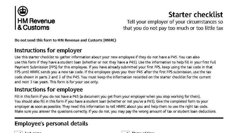 Starter Checklist for New Employees - Tax Code Guidance - Studocu