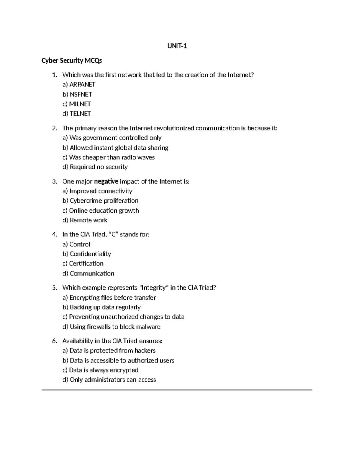 Cyber Security MCQs - UNIT-1 Overview and Key Concepts - Studocu