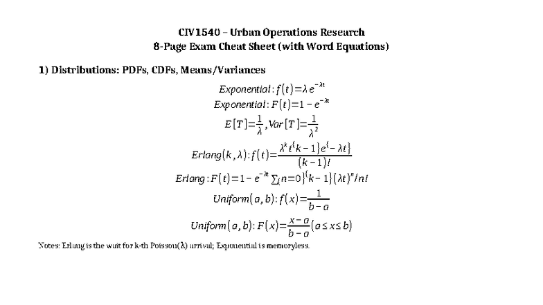 CIV1540 Urban Operations Research Exam Cheat Sheet: Key Equations - Studocu