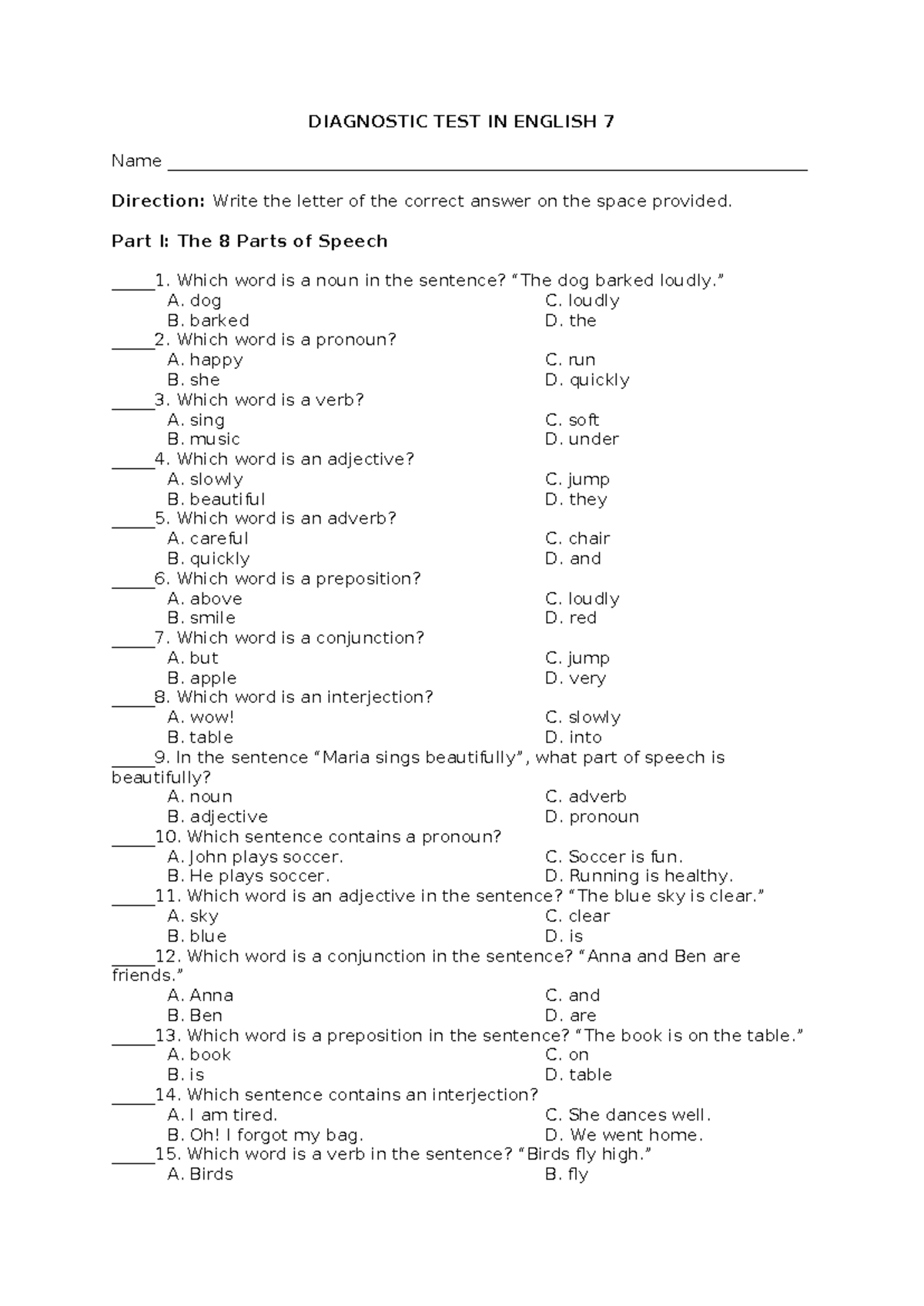 Diagnostic Test in English 7: Parts of Speech and Agreement - Studocu