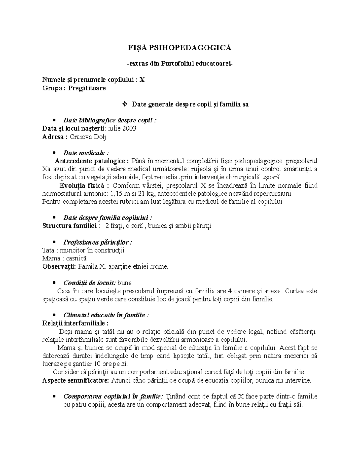 Fișa Psihopedagogică Completată pentru Copilul X - Grupa Pregătitoare ...