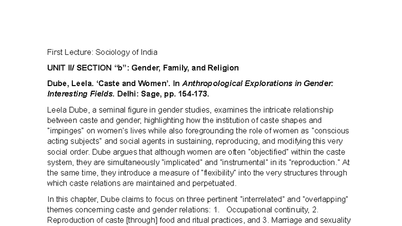 1st Lecture: Sociology of India - Gender, Family & Caste by Leela Dube ...