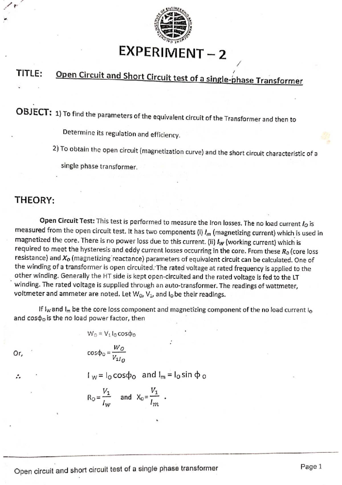BE 8 - Open Circuit and Short Circuit Tests of a Transformer - Studocu