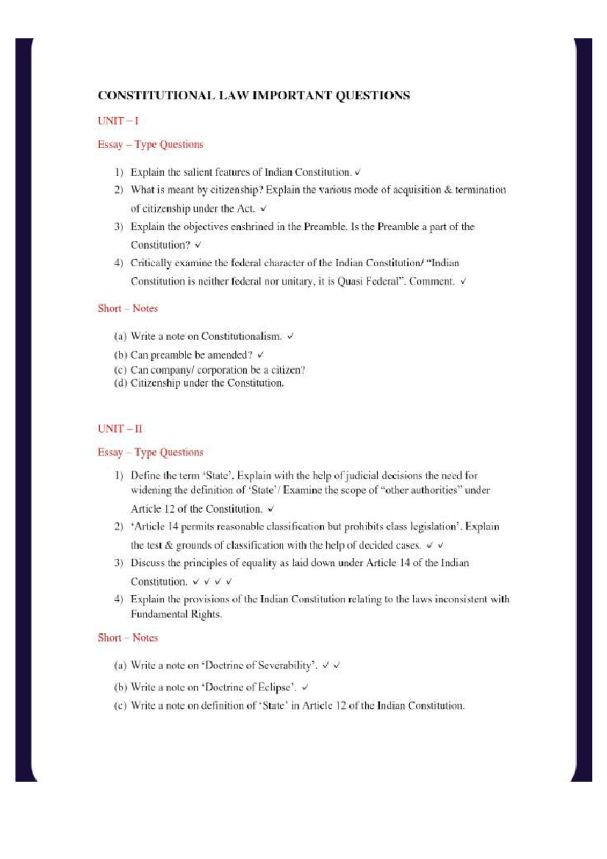 Constitutional Law Important Questions Unit I-IV: Essay & Short Notes ...