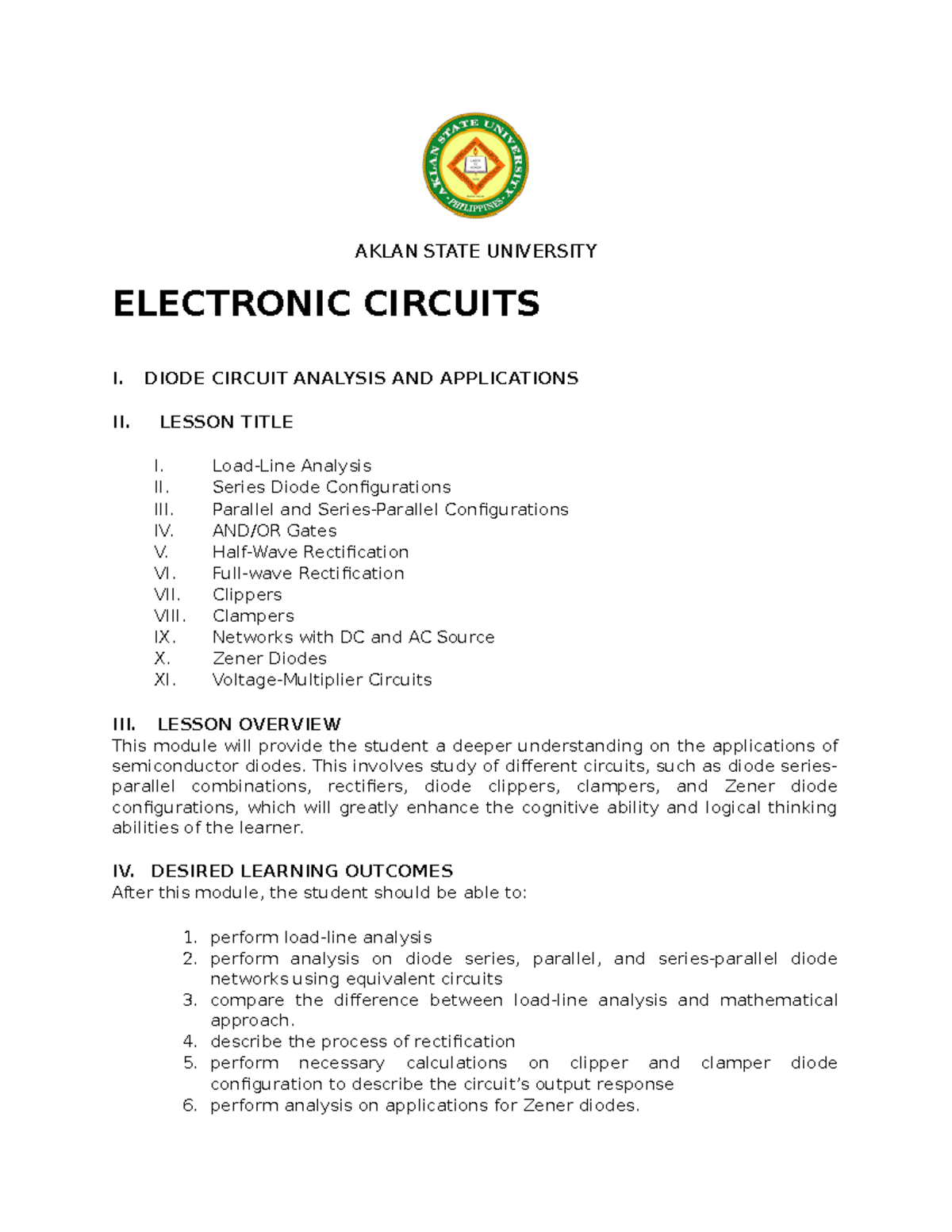 Electronic Circuits(Devices and Analysis)- Diode Circuit Analysis AND Applications - AKLAN STATE ...