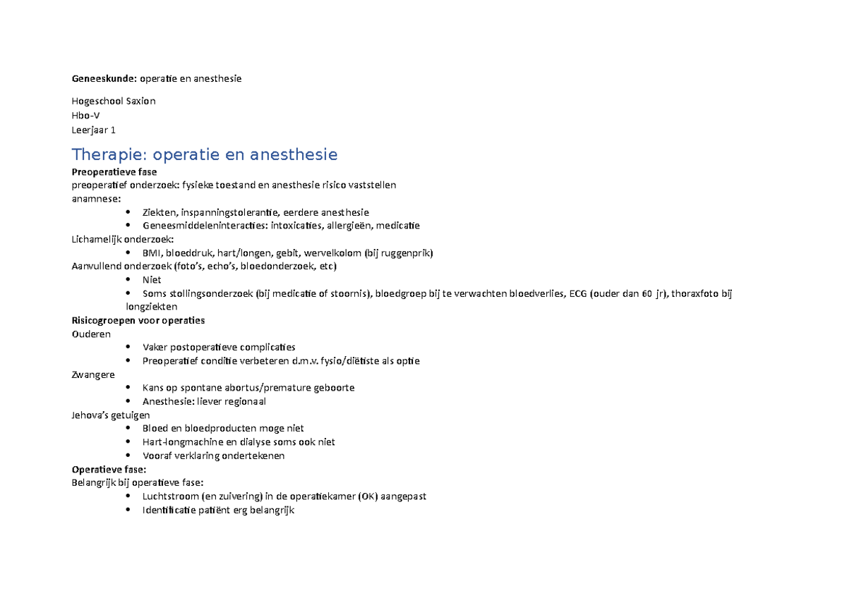 Geneeskunde Hbo-V Les 1: Operatie en Anesthesie Inzicht en Risico's ...