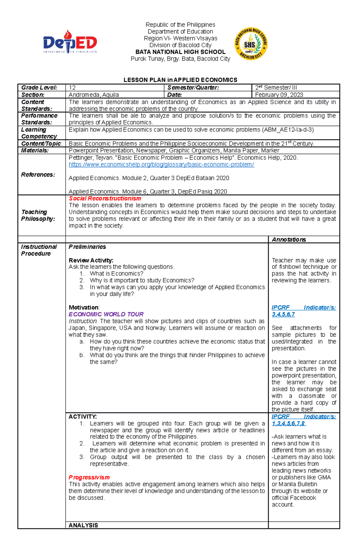 Applied Economics Lesson Plan for Grade 12 (2nd Sem) - Studocu