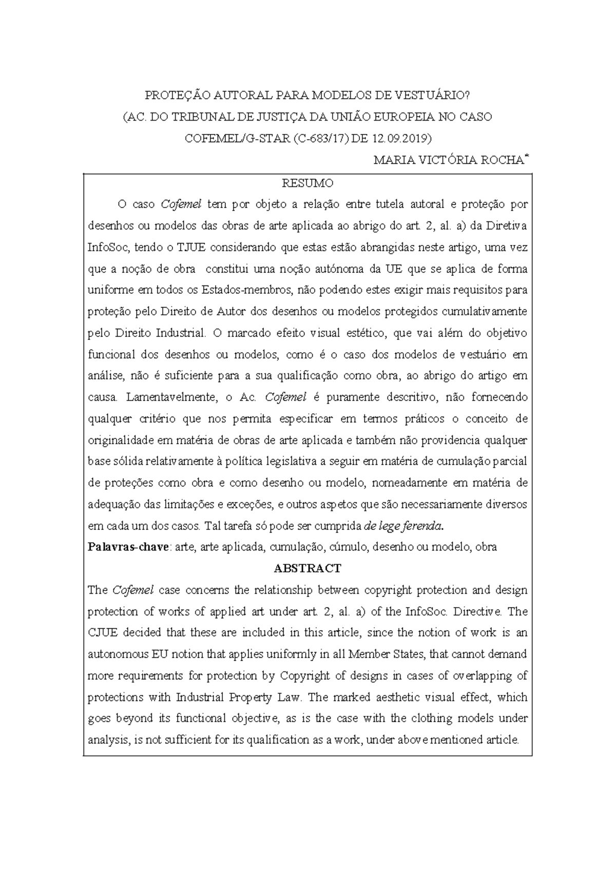Cofemel ADI 2020: Análise da Proteção Autorais em Modelos de Vestuário ...