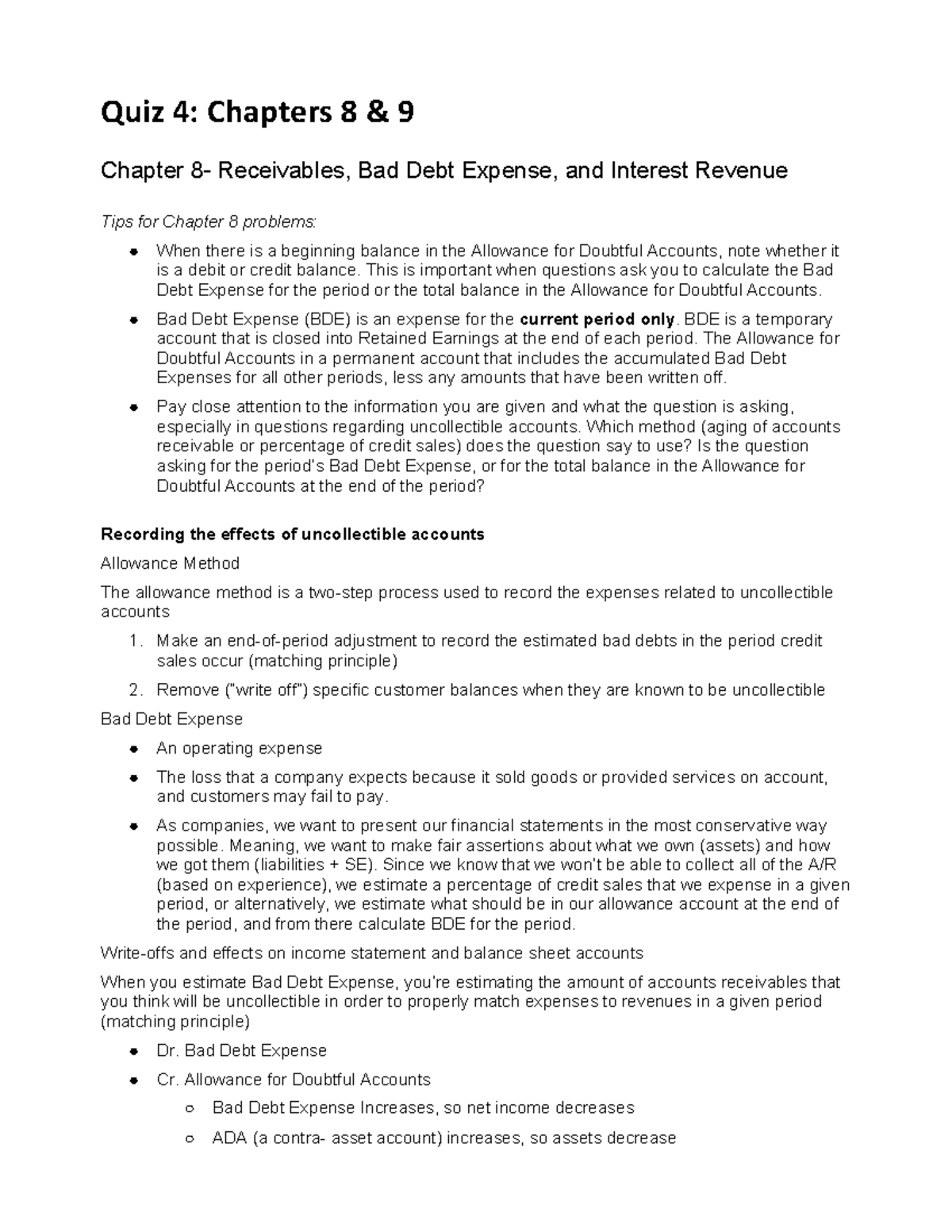 Acct 2001 - Quiz 4 Study Guide Chapters 8 & 9 - Quiz 4: Chapters 8 & 9 ...