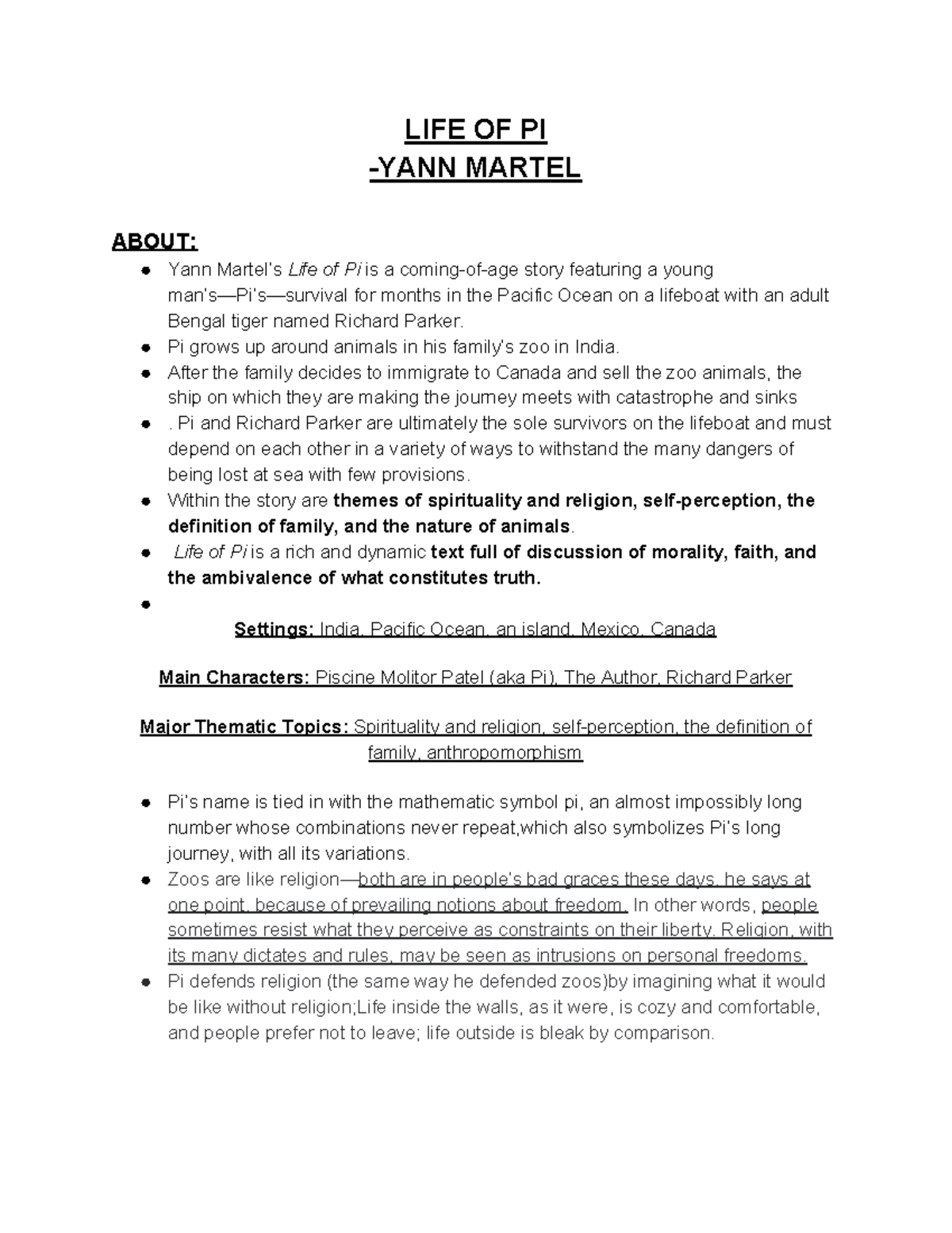 LIT101 - Life of Pi: Themes and Character Analysis Notes - Studocu