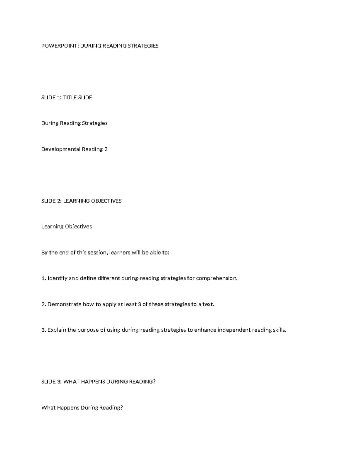 Developmental Reading 2: During Reading Strategies Overview - Studocu