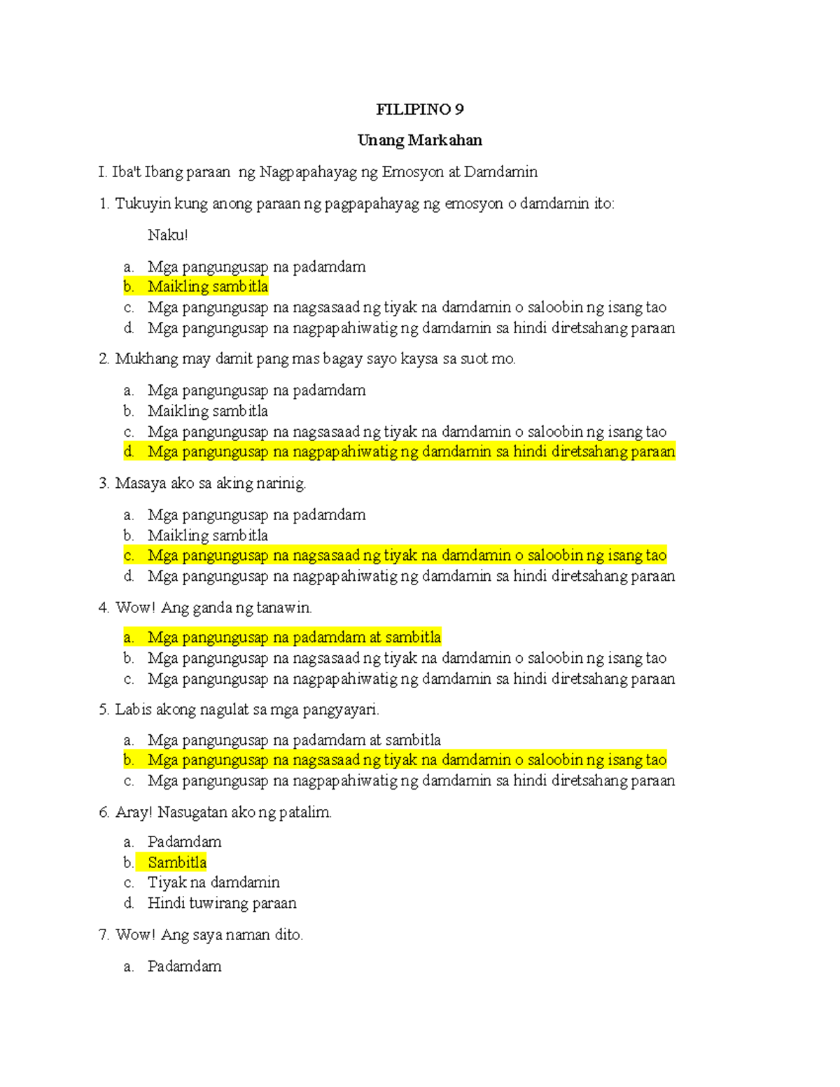 Filipino 9 - Unang Markahan: Pagpapahayag ng Emosyon at Damdamin - Studocu