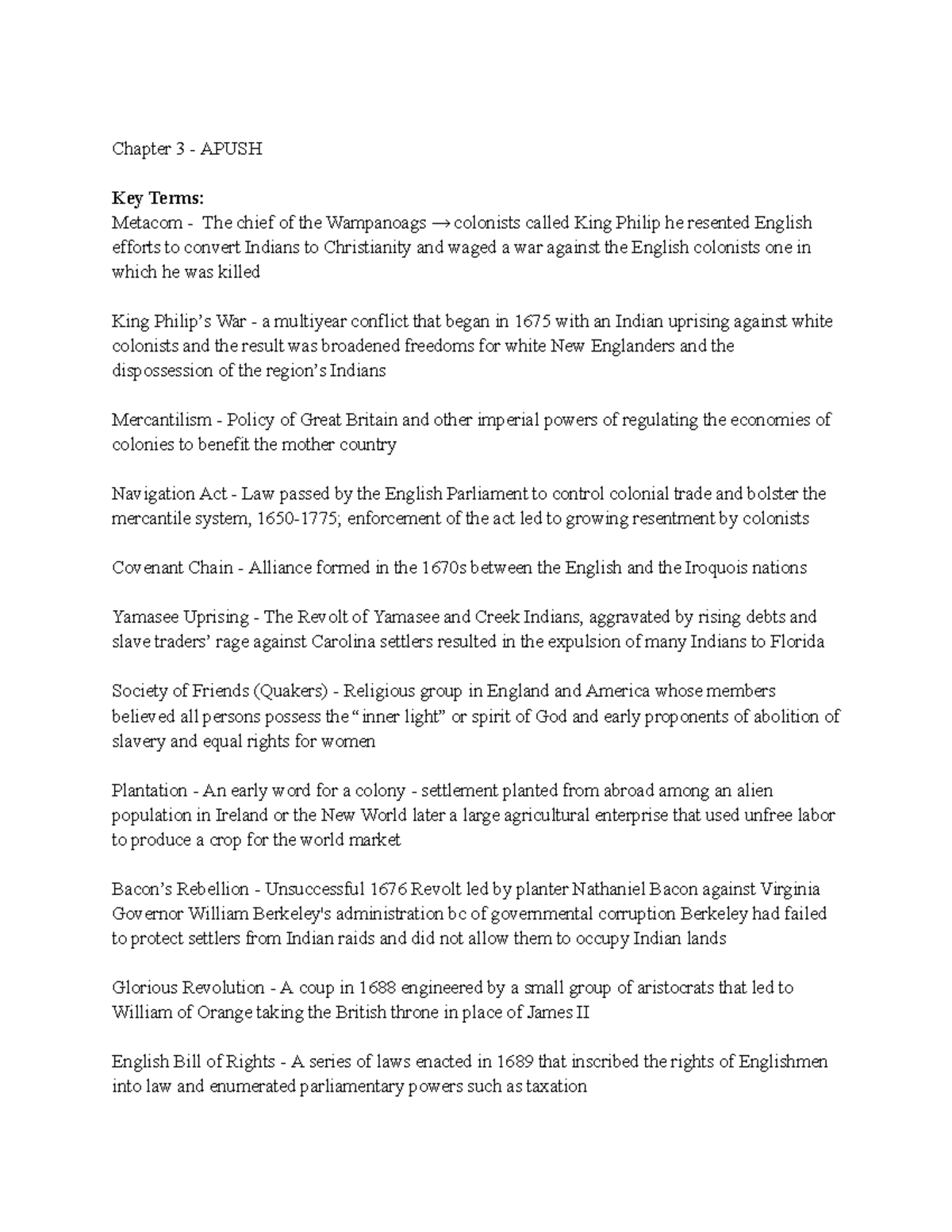 APUSH Chapter 3 Summary and Key Terms Outline - Studocu
