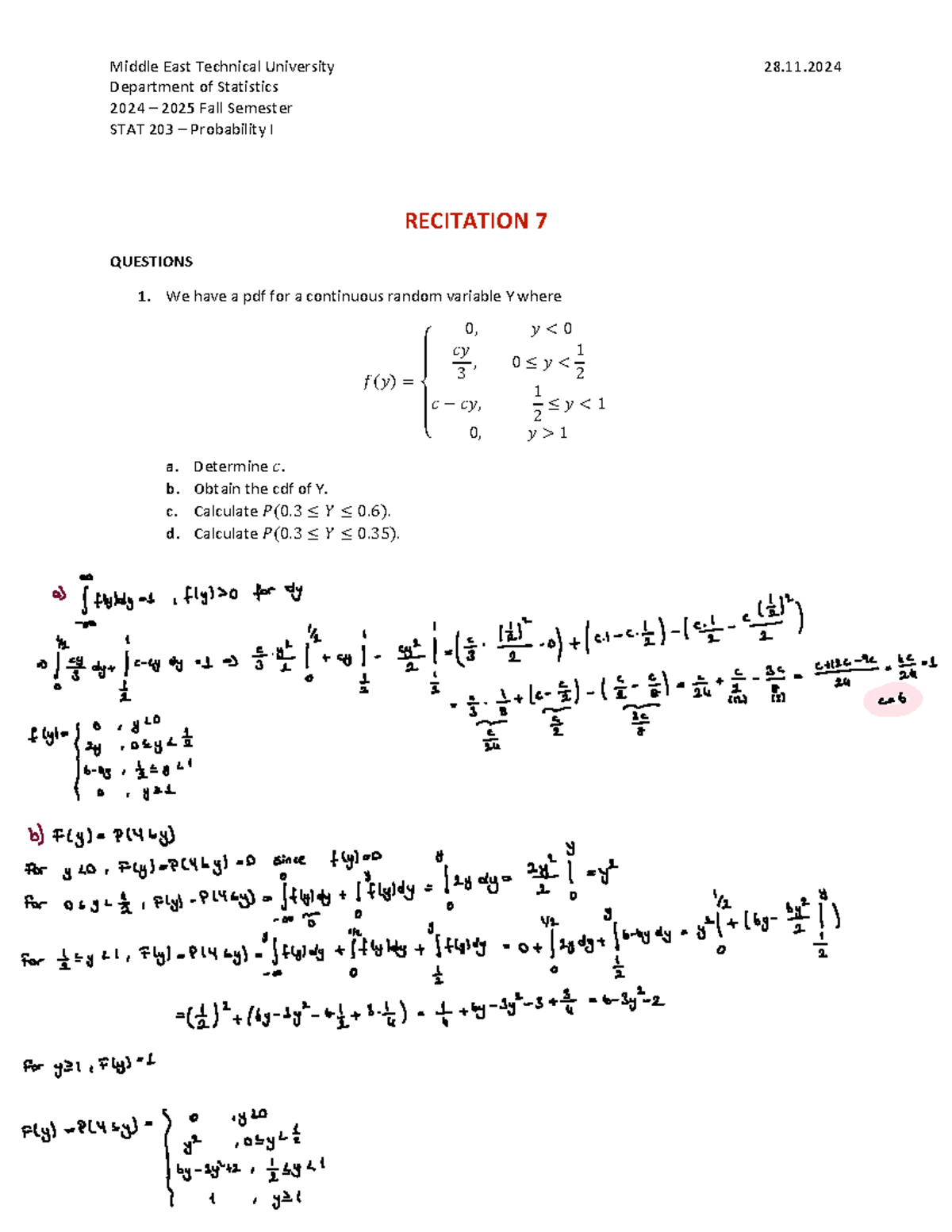 Recitation 7 - Solutions - Department of Statistics 2024 – 2025 Fall Semester STAT 203 ...