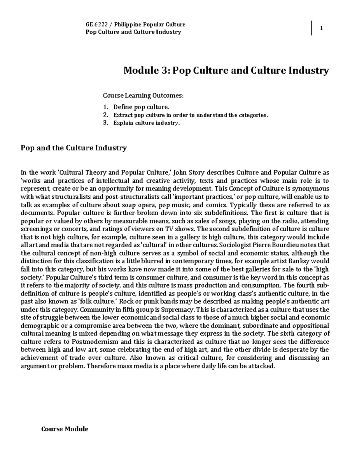 W3-4 Module 003 Pop Culture and Culture Industry - GE 6222 / Philippine ...