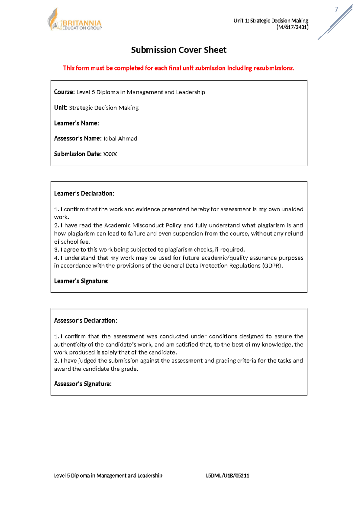 1. L5DML U1B 05211 - business management - Unit 1: Strategic Decision ...