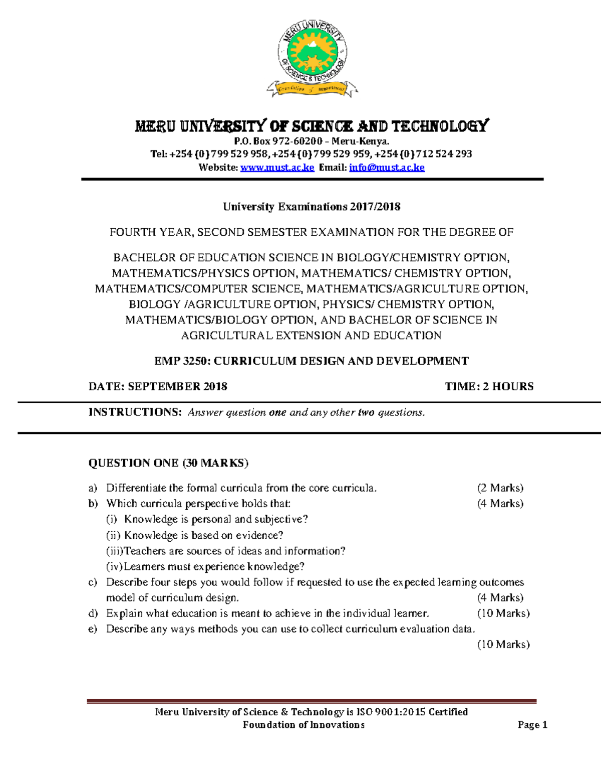 EMP 3250: Curriculum Design and Development Exam Notes - Studocu