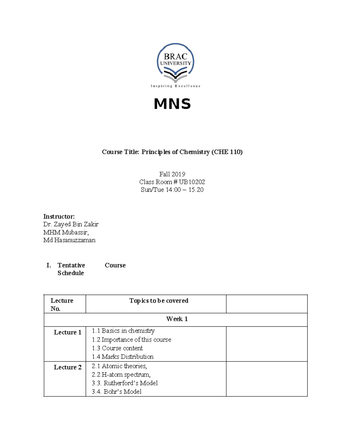 CHE-110 Principles of Chemistry Course Outline - Fall 2019 - Studocu