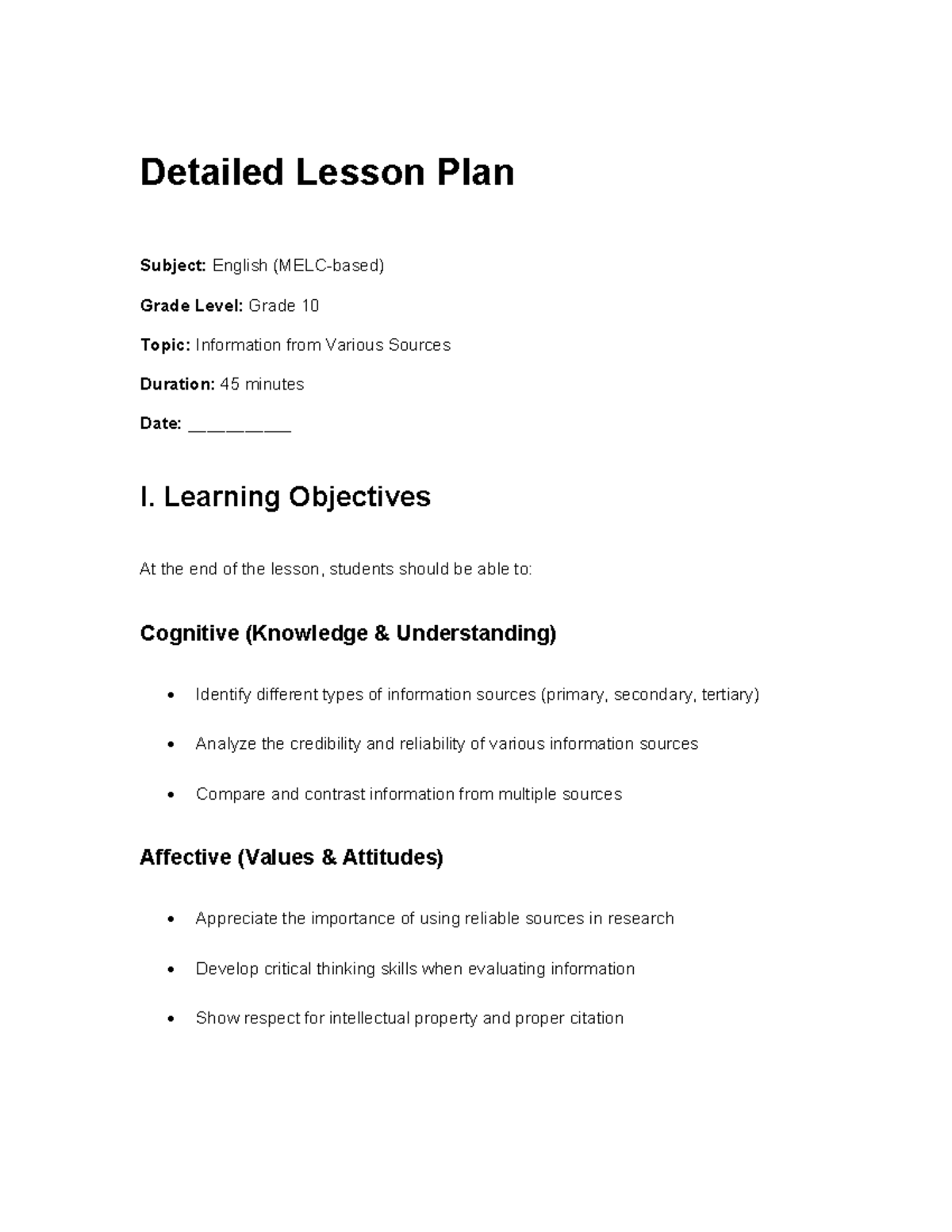 English 10 Detailed Lesson Plan: Evaluating Information Sources - Studocu