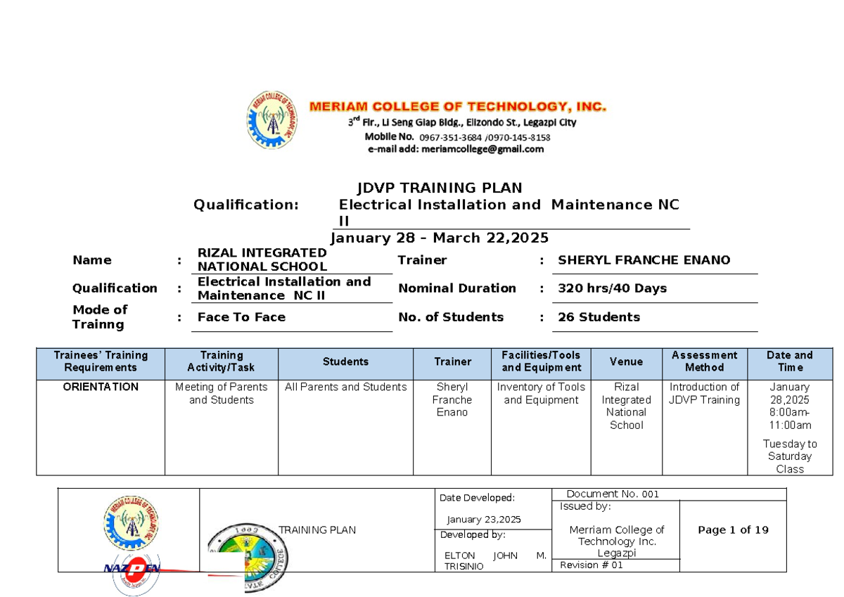 EIM Training Plan for JDVP: Electrical Installation & Maintenance 2025 ...