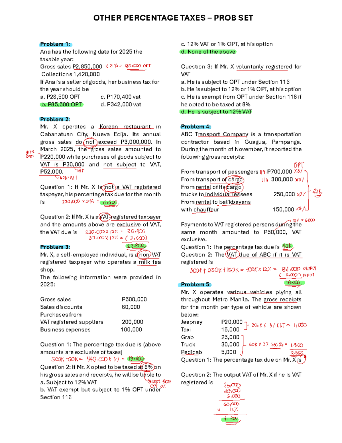 TAX-PROB-SET: Other Percentage Taxes Problem Set for 2025 - Studocu