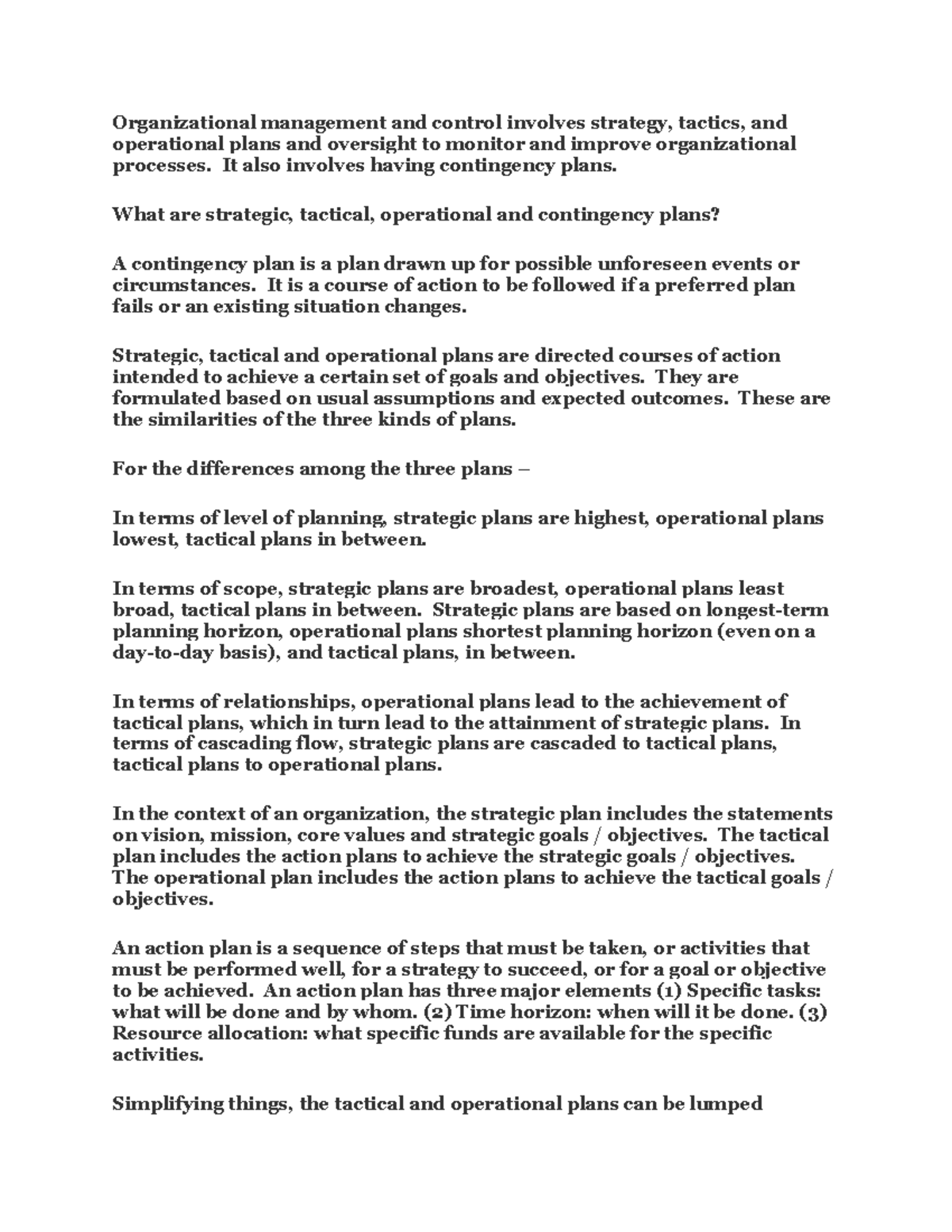 Strategic, Tactical, Operational, and Contingency Plans Explained - Studocu