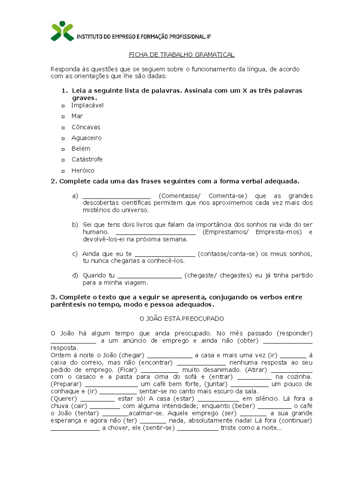 Ficha de Trabalho Gramatical: Exercícios de Língua Portuguesa - Studocu