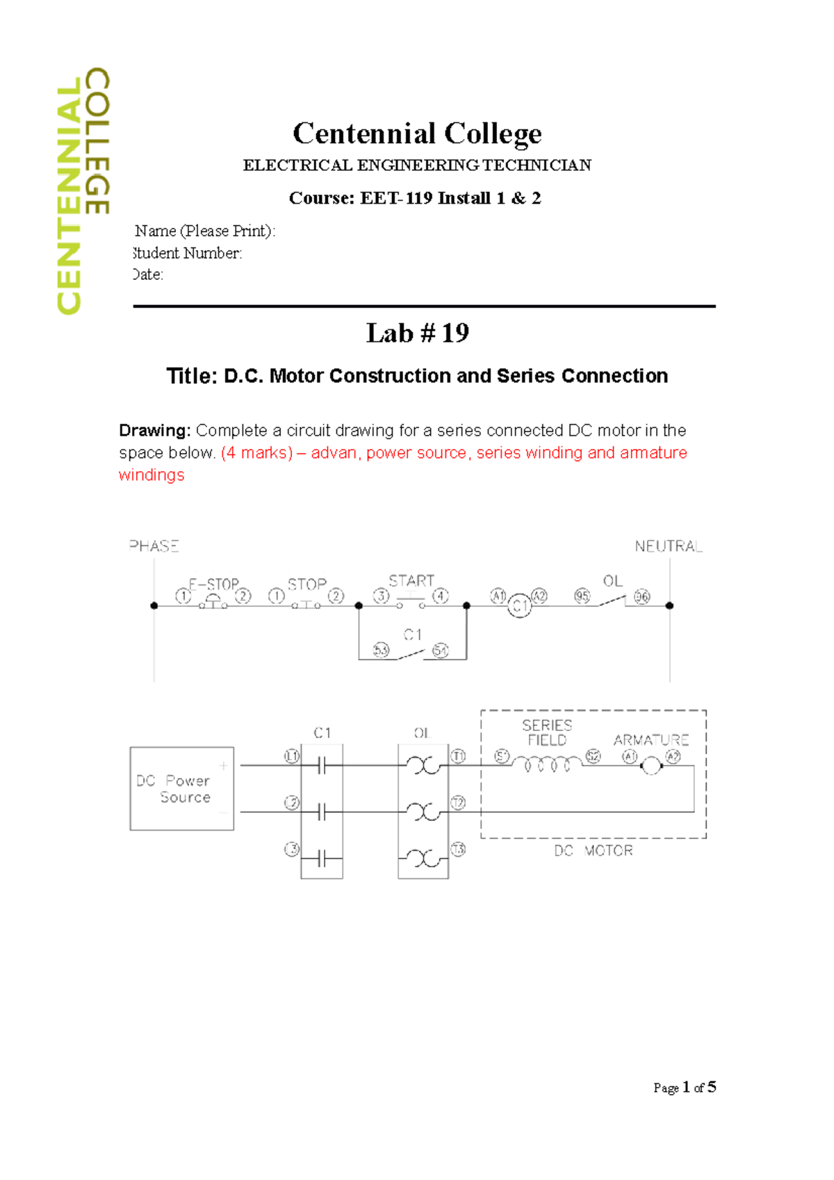 EET 119 - Lab 19 DC Motor Construction and Series Connection Lab - Centennial College ELECTRICAL ...