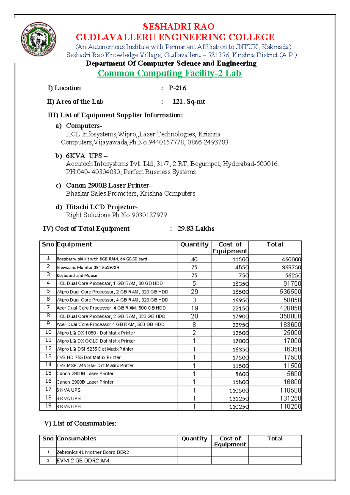 CCF2 Common Computing Lab Equipment & Maintenance Details - Studocu