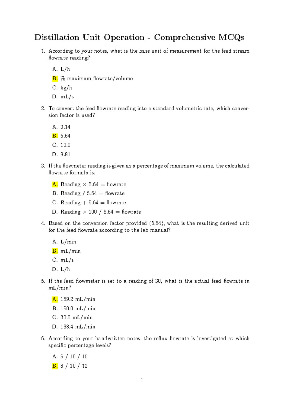 Distillation Lab MCQs (Course Code: DL101) - Studocu