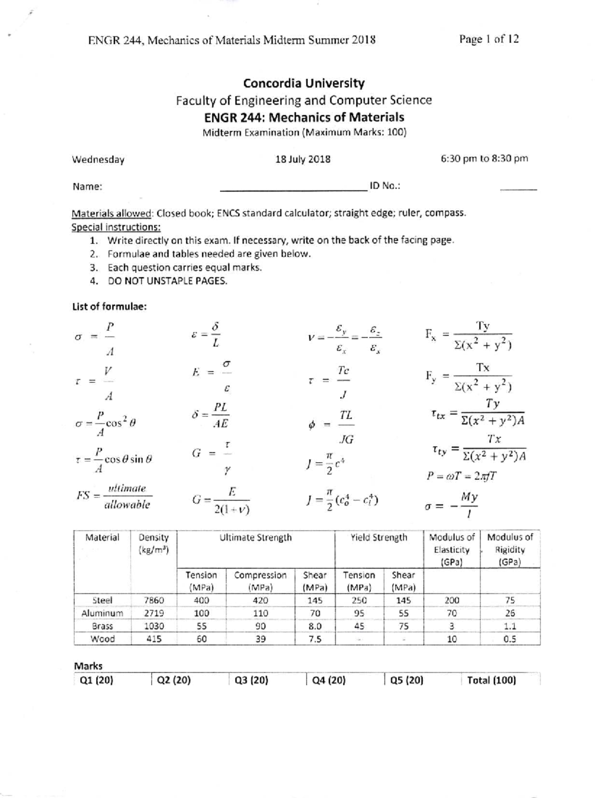 ENGR 244 Mechanics of Materials Midterm Exam Questions Summer 2018 ...