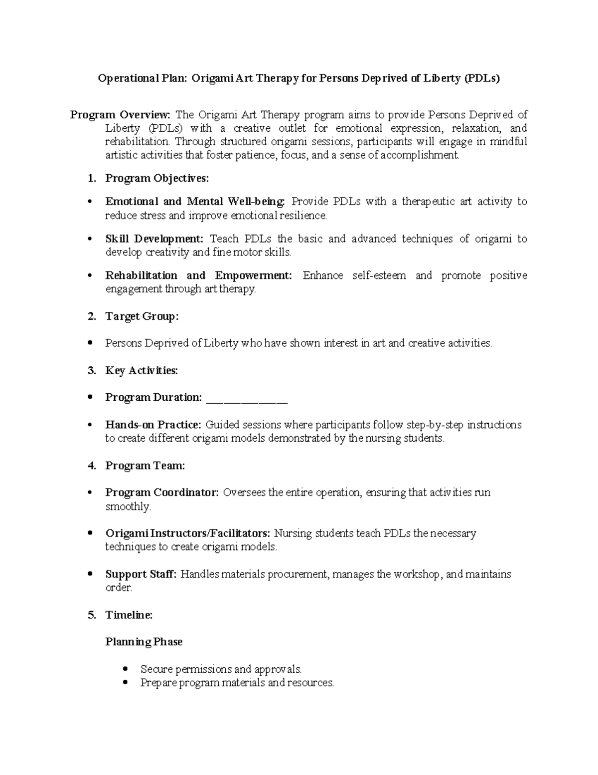 Operational Plan for Origami Art Therapy (PDLs) Programs - Studocu