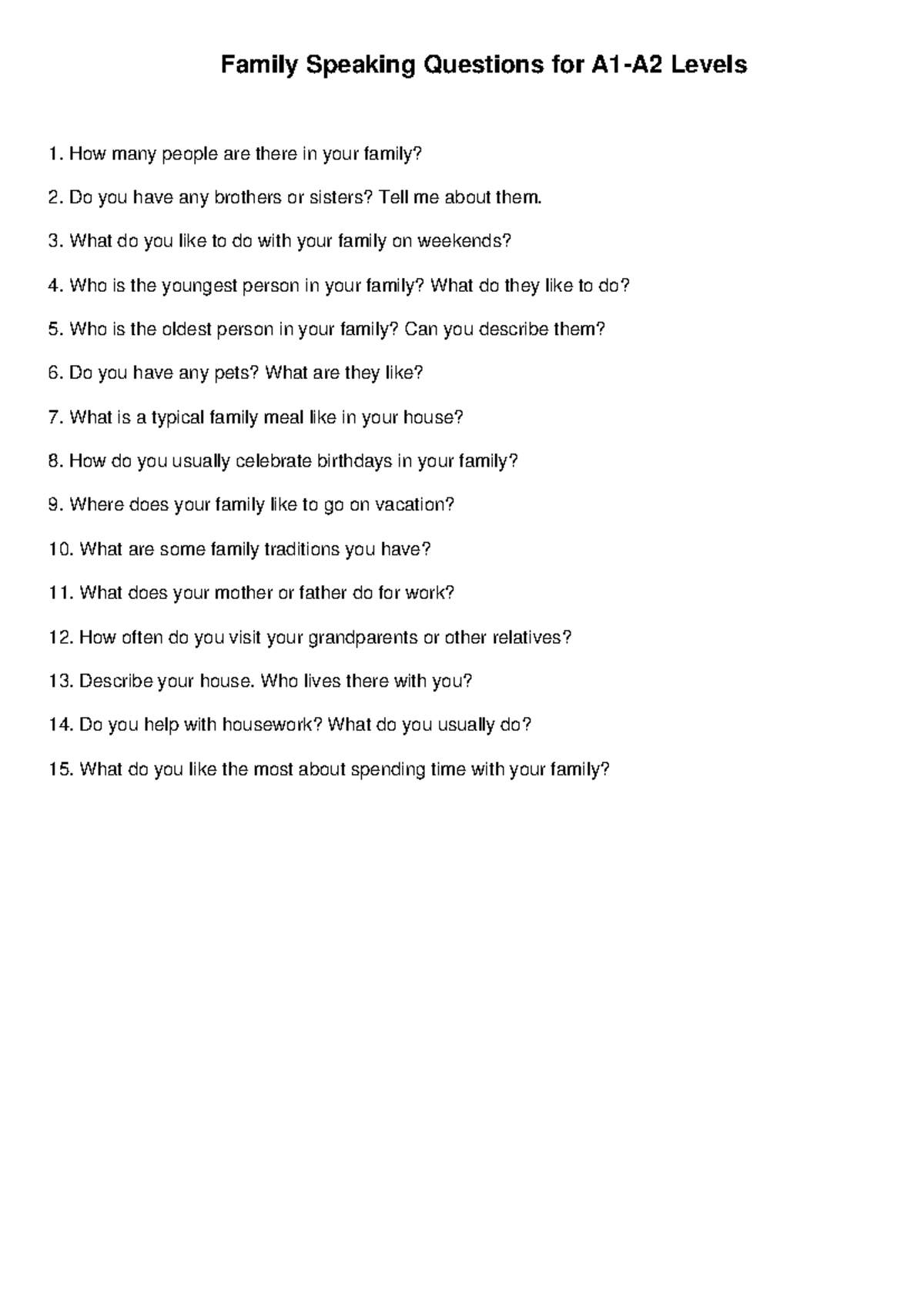 Family Speaking Questions for Levels A1 A2 - Studocu