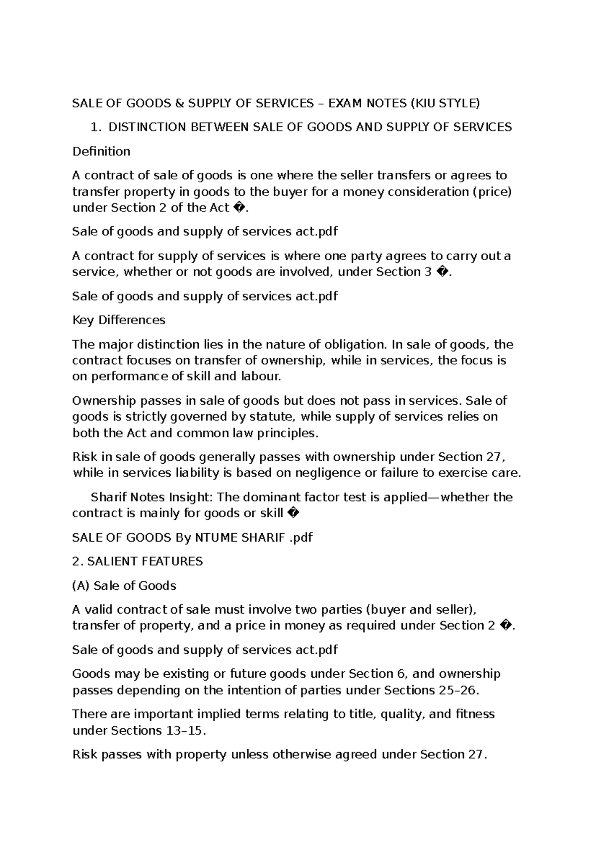 SALE OF GOODS & SUPPLY OF SERVICES EXAM NOTES (KIU) - Studocu