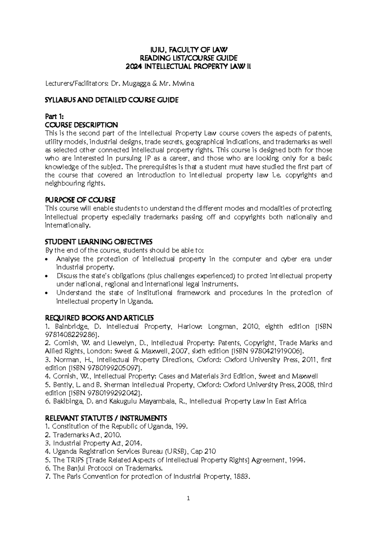 LLB 2024 Intellectual Property Law II Course Outline & Reading List ...