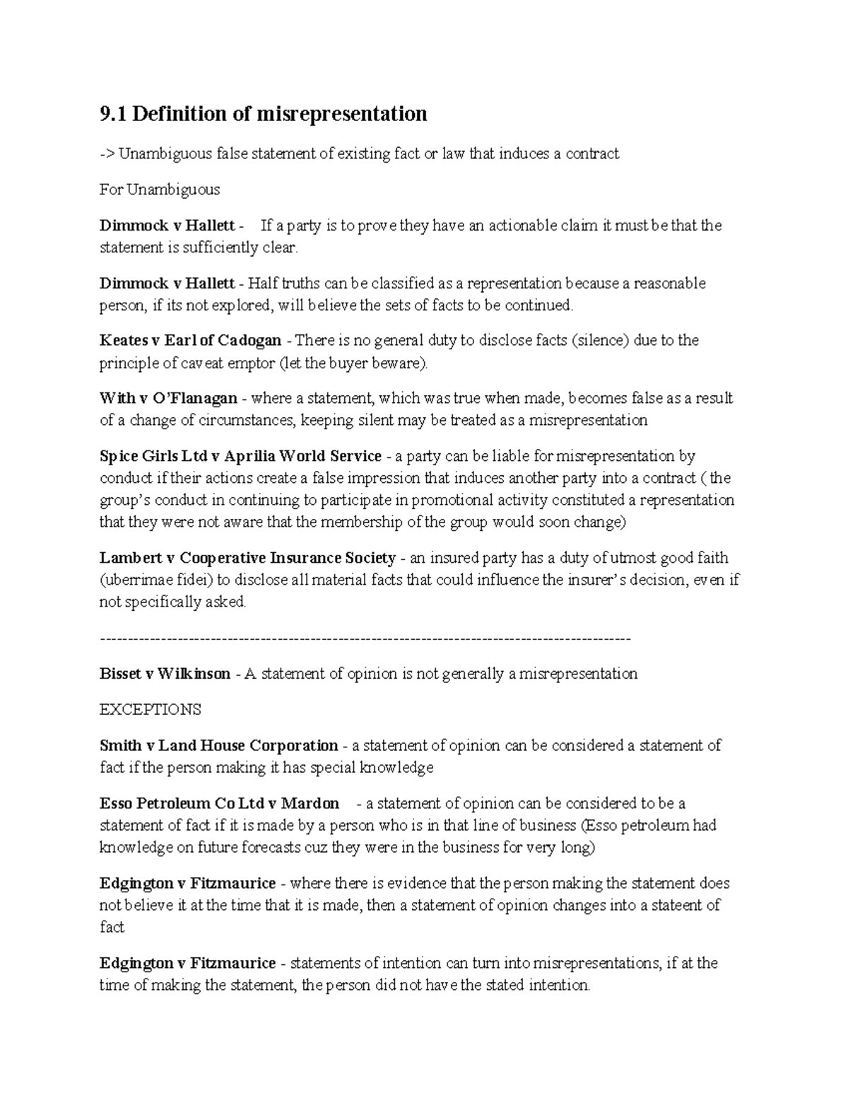 Cases on Misrepresentation (VLE) - Key Definitions and Principles - Studocu