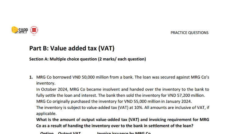 VAT Multiple Choice Questions 2024 Final Exam - SAPP K - Studocu