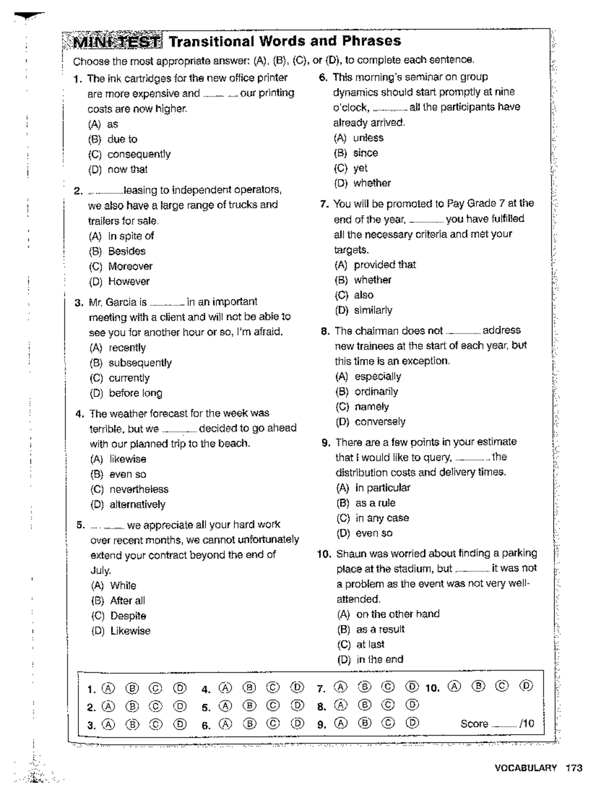 MINI TEST: Transitional Words & Phrases (Course Code: 6) - Studocu