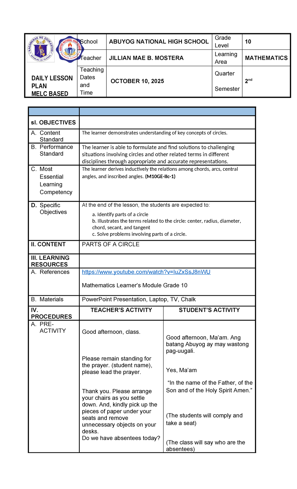 DAILY LESSON PLAN: PARTS OF A CIRCLE - GRADE 10 MATH - Studocu