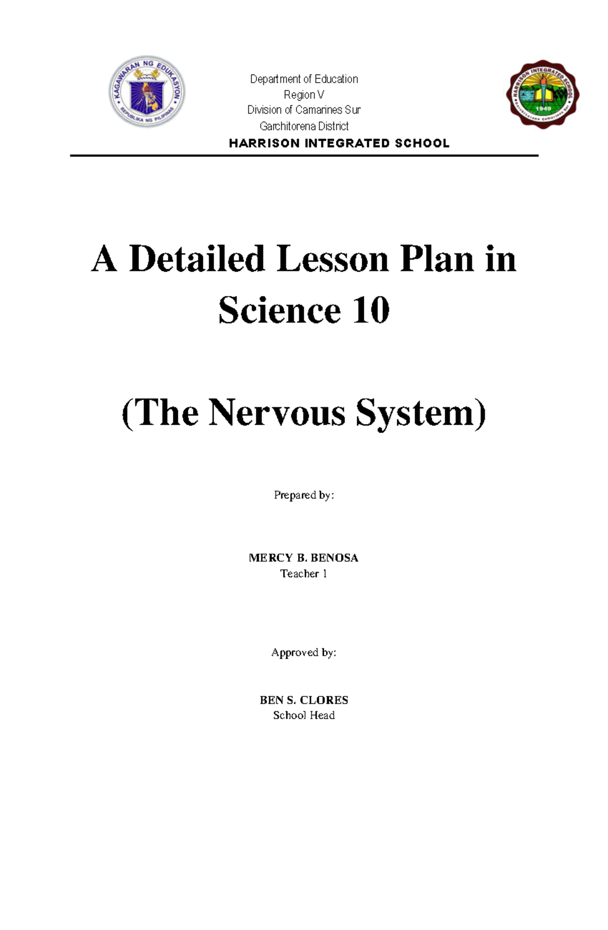 Detailed Lesson Plan in Science 10: The Nervous System - Studocu