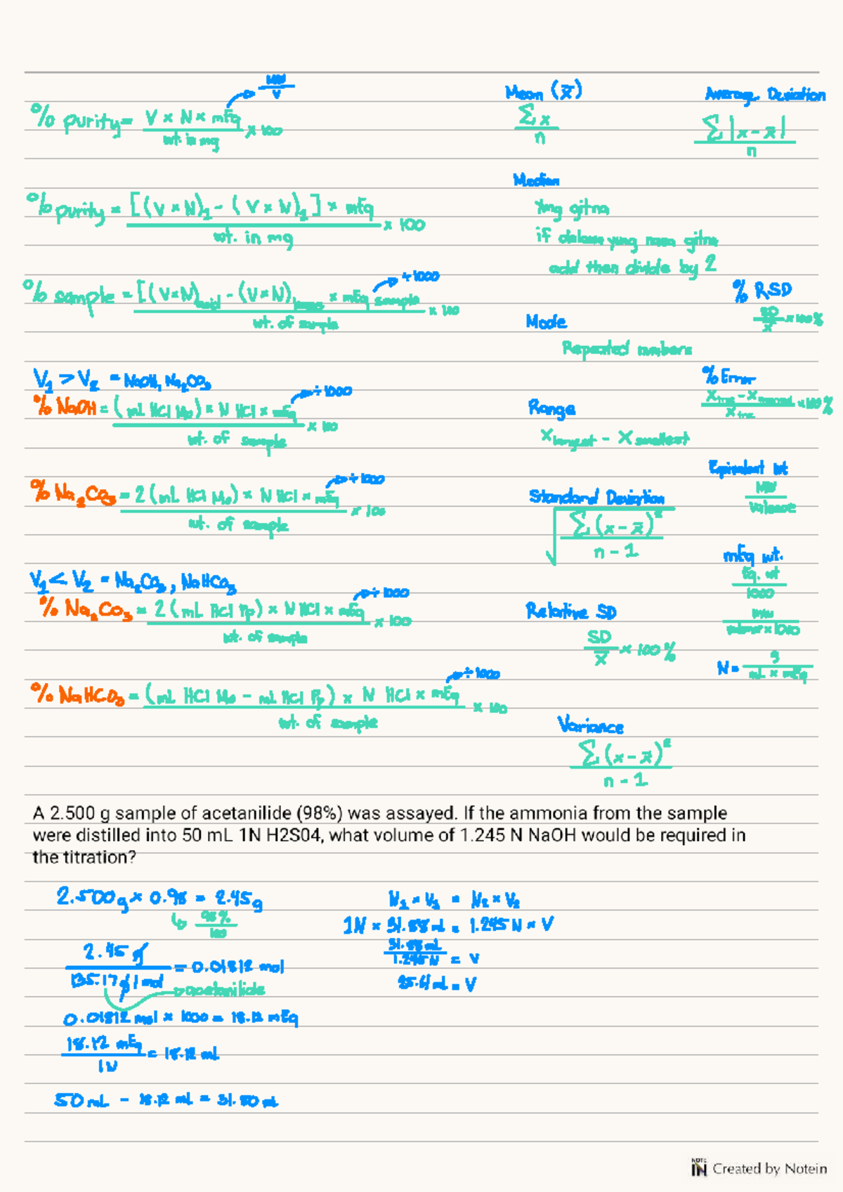 PHAN111 Formulas for Acid-Base Titration Calculations - Studocu