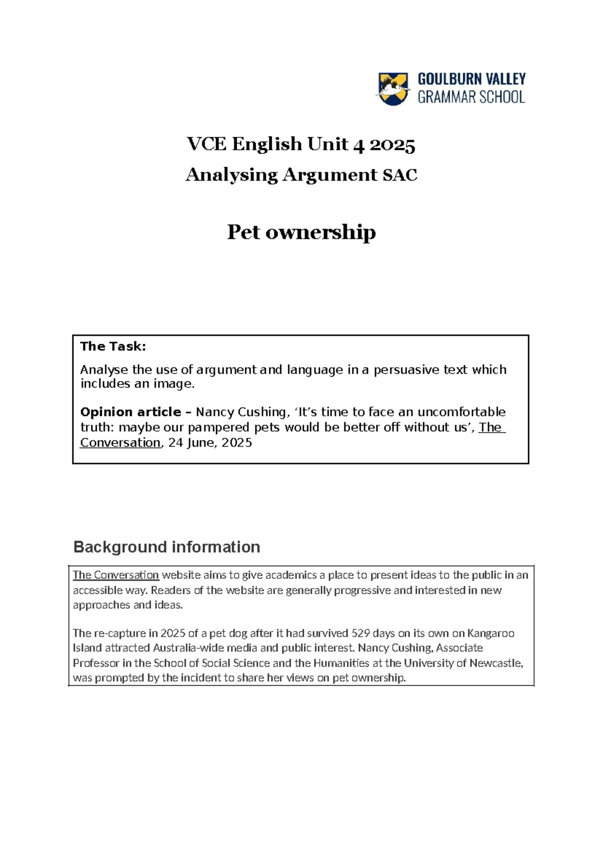 VCE English Unit 4 2025 Analysing Argument SAC: The Case Against Pet ...