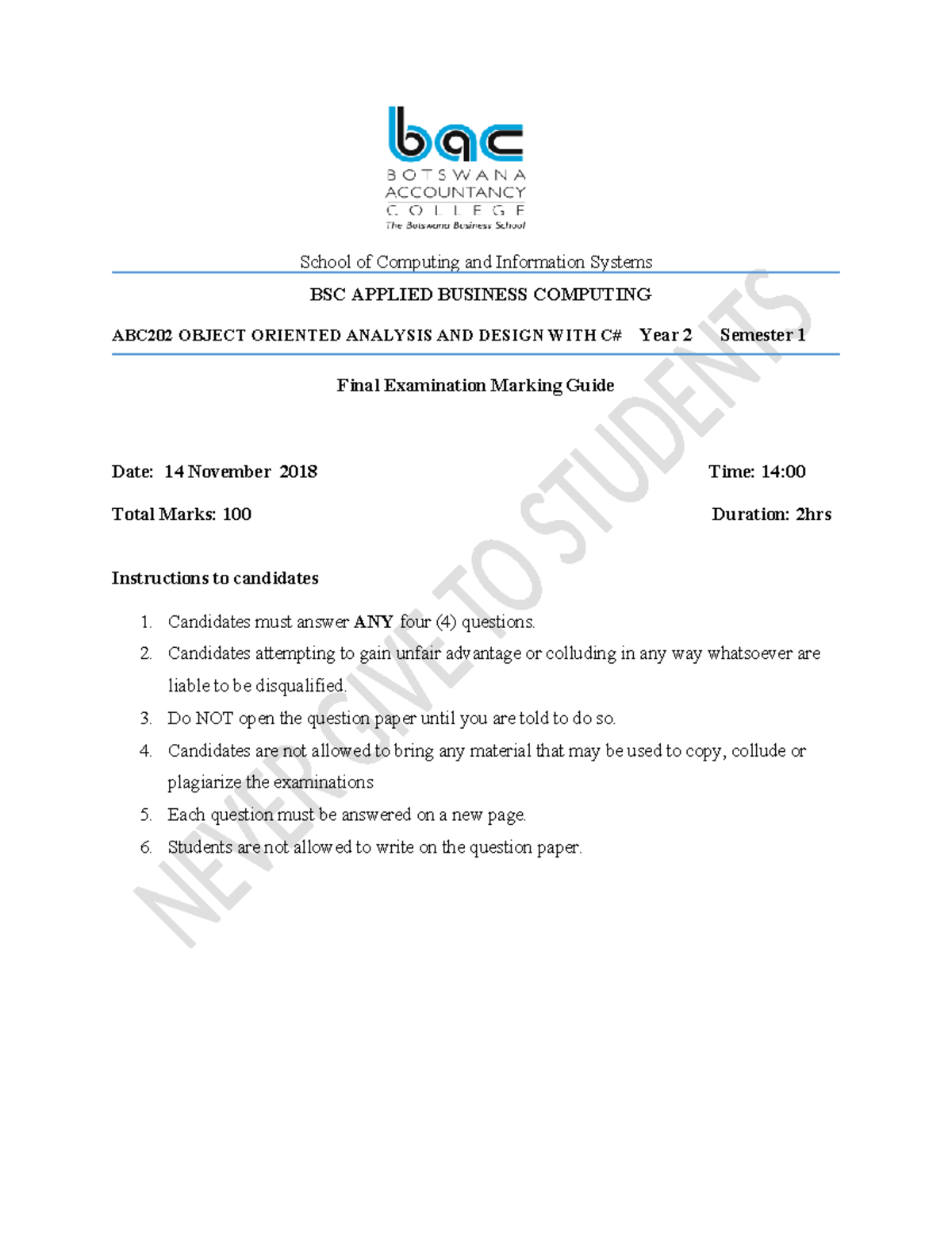 OOAD with C# ABC202 Final Exam Marking Guide - Sept 2018 - Studocu
