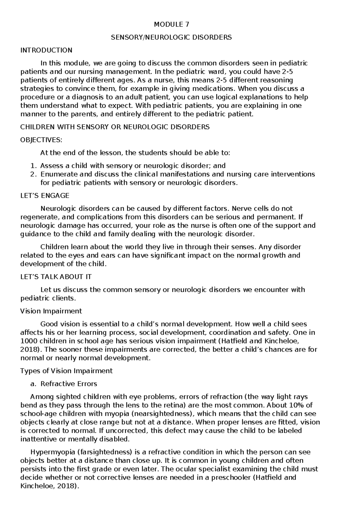 PEDS 101: Module 7 - Pediatric Disorders & Nursing Management - Studocu