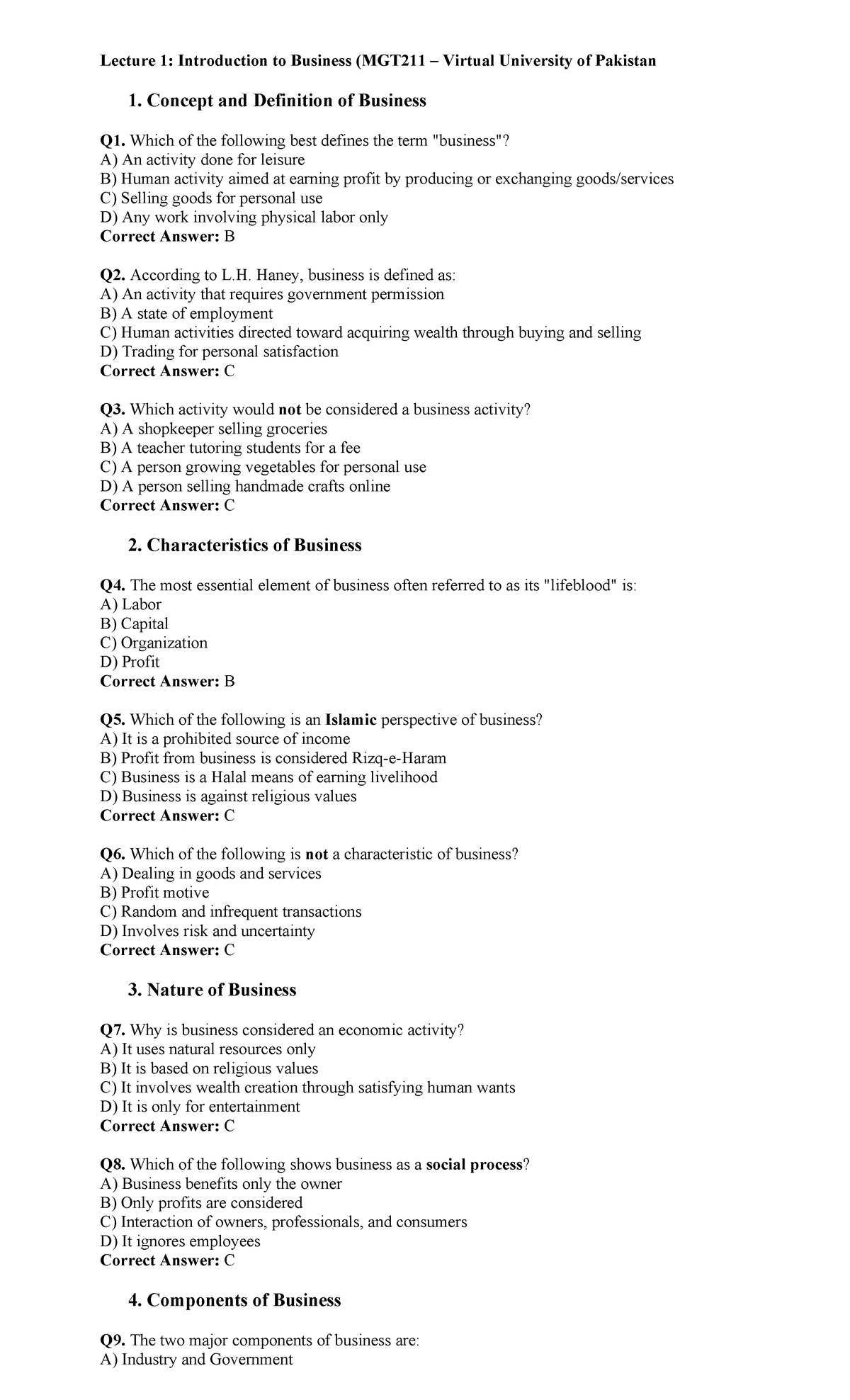 MGT211 Lecture 1-5: Intro to Business Concepts & MCQs - Studocu