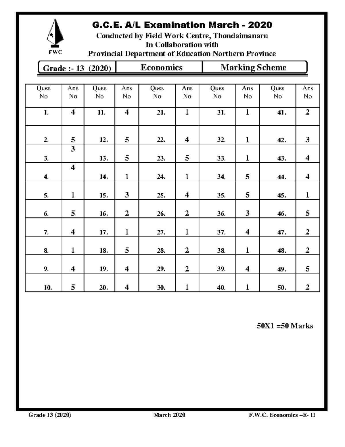 Economics Scheme 2020 Batch 5th Term FWC - English - Ques No Ans No ...
