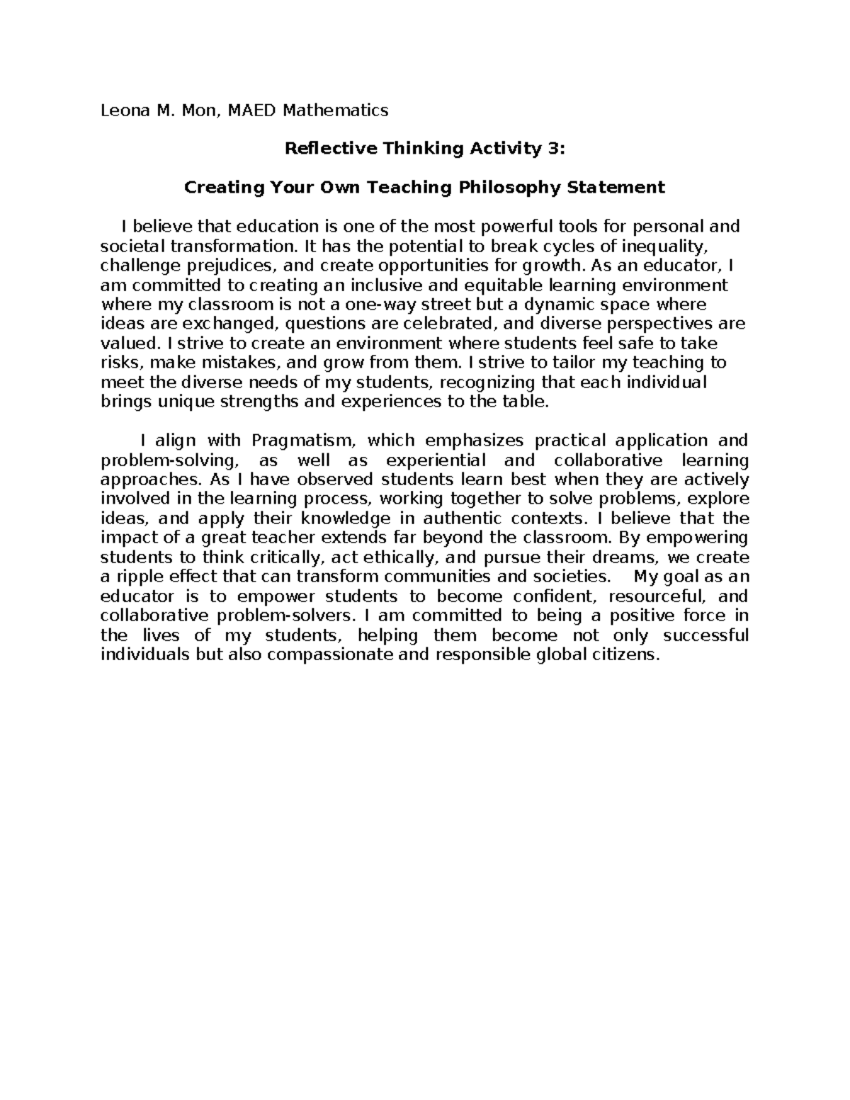 MAED Foundation ACT 3: Reflective Teaching Philosophy Statement - Studocu