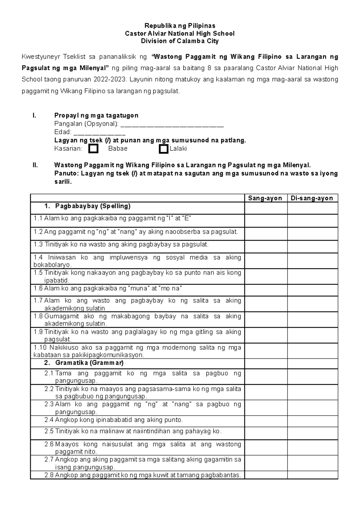 Kwestyuneyr Tseklist sa Paggamit ng Wikang Filipino sa Pagsulat (Grade ...