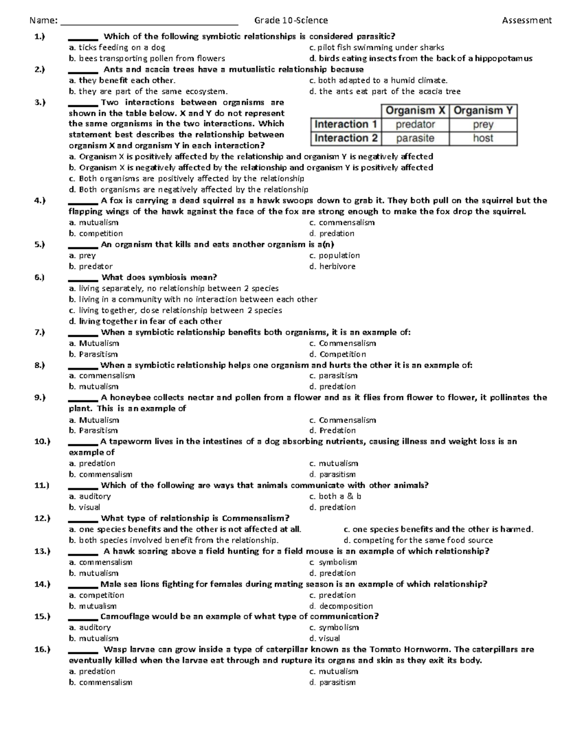 Summative for Grade 10 - Name: __________________________________ Grade ...